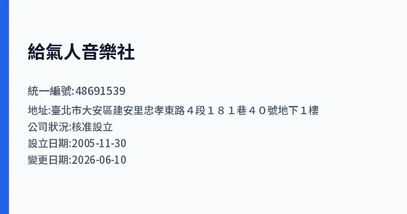 給氣人音樂社的照片-統編 48691539(臺北市) 公司登記資料與營業項目詳細圖表