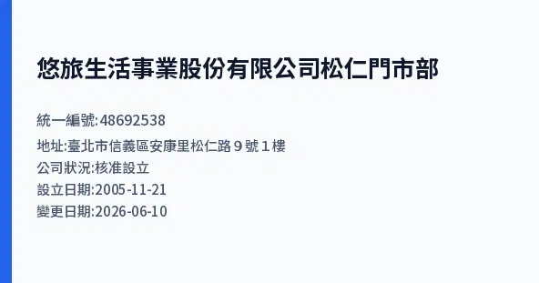 悠旅生活事業股份有限公司松仁門市部的照片-統編 48692538(臺北市) 公司登記資料與營業項目詳細圖表