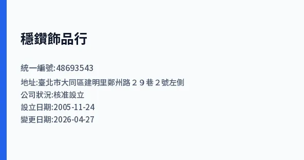 穩鑽飾品行的照片-統編 48693543(臺北市) 公司登記資料與營業項目詳細圖表
