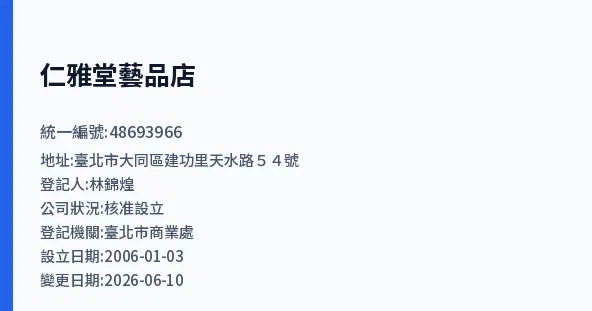 仁雅堂藝品店的照片-統編 48693966(臺北市) 公司登記資料與營業項目詳細圖表