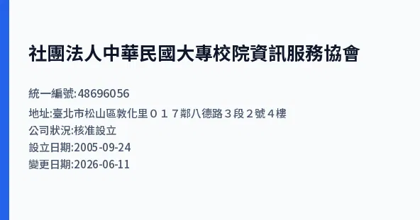 社團法人中華民國大專校院資訊服務協會的照片-統編 48696056(臺北市) 公司登記資料與營業項目詳細圖表