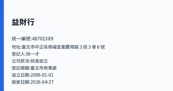 益財行的照片-統編 48702389(臺北市) 公司登記資料與營業項目詳細圖表