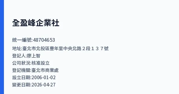 全盈峰企業社的照片-統編 48704653(臺北市) 公司登記資料與營業項目詳細圖表