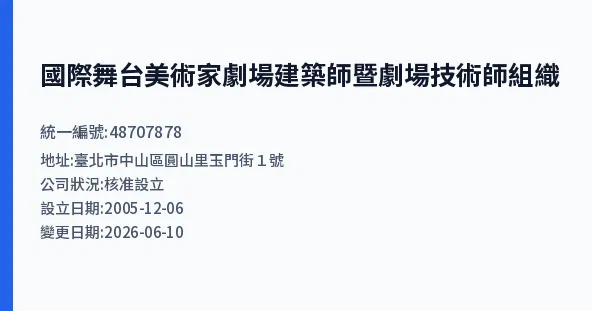 國際舞台美術家劇場建築師暨劇場技術師組織的照片-統編 48707878(臺北市) 公司登記資料與營業項目詳細圖表