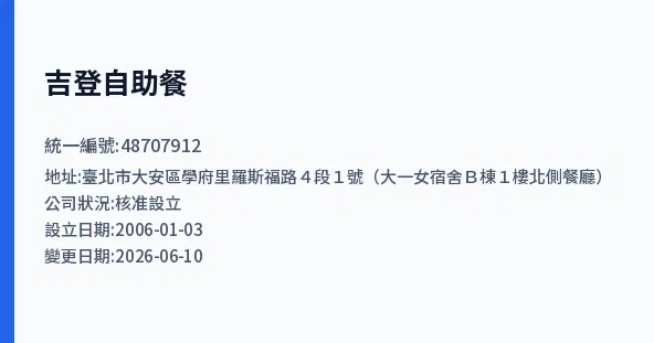 吉登自助餐的照片-統編 48707912(臺北市) 公司登記資料與營業項目詳細圖表