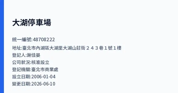 大湖停車場的照片-統編 48708222(臺北市) 公司登記資料與營業項目詳細圖表