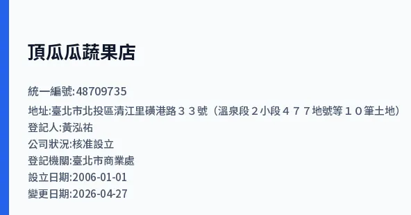 頂瓜瓜蔬果店的照片-統編 48709735(臺北市) 公司登記資料與營業項目詳細圖表