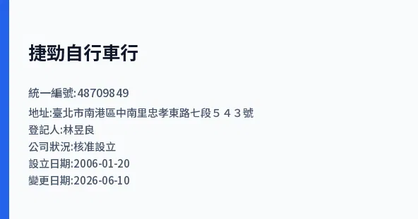 捷勁自行車行的照片-統編 48709849(臺北市) 公司登記資料與營業項目詳細圖表