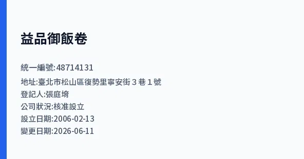 益品御飯卷的照片-統編 48714131(臺北市) 公司登記資料與營業項目詳細圖表