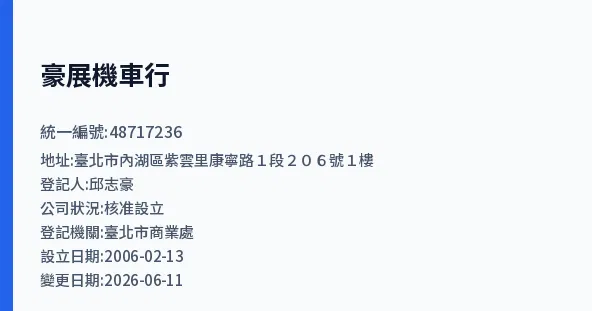豪展機車行的照片-統編 48717236(臺北市) 公司登記資料與營業項目詳細圖表