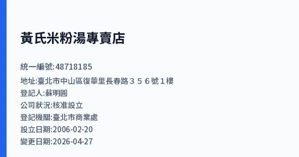黃氏米粉湯專賣店的照片-統編 48718185(臺北市) 公司登記資料與營業項目詳細圖表