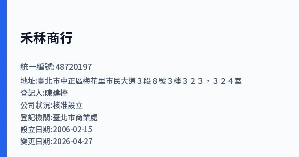 禾秝商行的照片-統編 48720197(臺北市) 公司登記資料與營業項目詳細圖表
