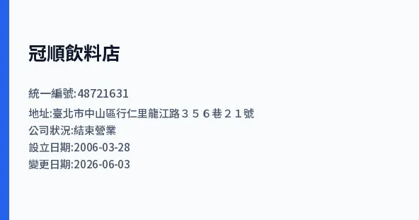 冠順飲料店的照片-統編 48721631(臺北市) 公司登記資料與營業項目詳細圖表