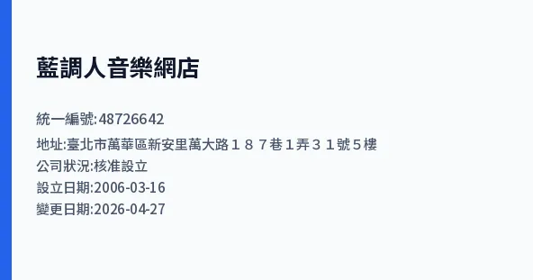 藍調人音樂網店的照片-統編 48726642(臺北市) 公司登記資料與營業項目詳細圖表