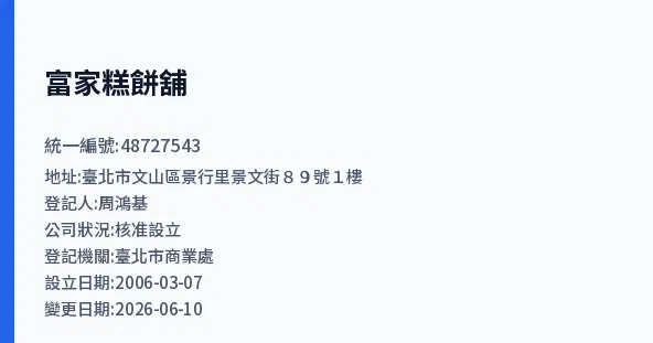 富家糕餅舖的照片-統編 48727543(臺北市) 公司登記資料與營業項目詳細圖表