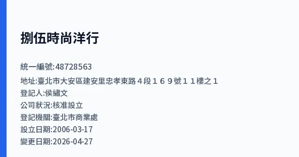 捌伍時尚洋行的照片-統編 48728563(臺北市) 公司登記資料與營業項目詳細圖表