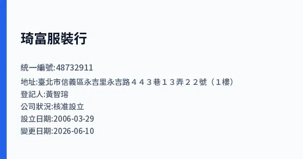 琦富服裝行的照片-統編 48732911(臺北市) 公司登記資料與營業項目詳細圖表