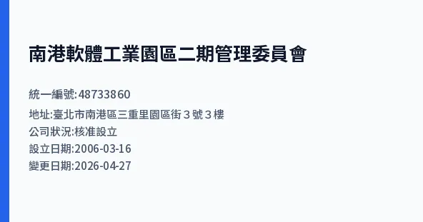 南港軟體工業園區二期管理委員會的照片-統編 48733860(臺北市) 公司登記資料與營業項目詳細圖表