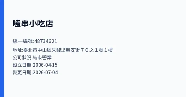 嗑串小吃店的照片-統編 48734621(臺北市) 公司登記資料與營業項目詳細圖表