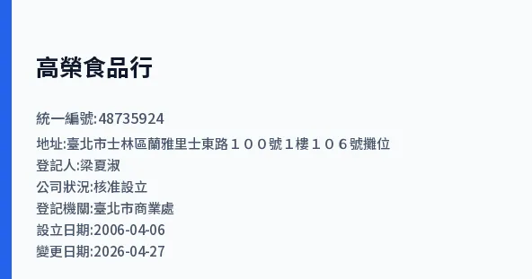 高榮食品行的照片-統編 48735924(臺北市) 公司登記資料與營業項目詳細圖表