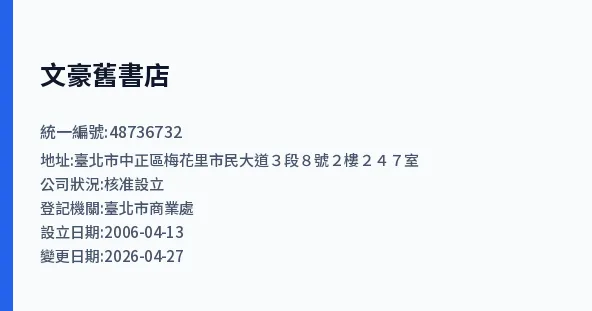 文豪舊書店的照片-統編 48736732(臺北市) 公司登記資料與營業項目詳細圖表