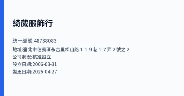 綺葳服飾行的照片-統編 48738083(臺北市) 公司登記資料與營業項目詳細圖表