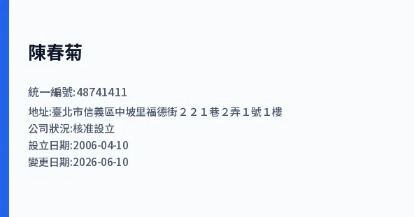 陳春菊的照片-統編 48741411(臺北市) 公司登記資料與營業項目詳細圖表