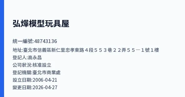弘燁模型玩具屋的照片-統編 48743136(臺北市) 公司登記資料與營業項目詳細圖表