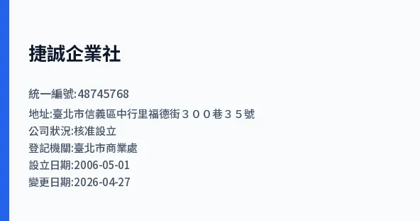 捷誠企業社的照片-統編 48745768(臺北市) 公司登記資料與營業項目詳細圖表