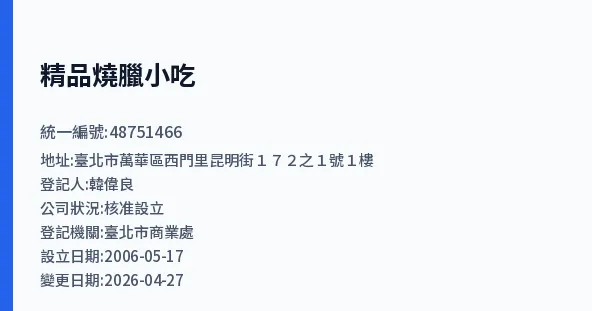 精品燒臘小吃的照片-統編 48751466(臺北市) 公司登記資料與營業項目詳細圖表