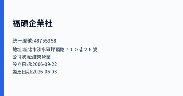 福碩企業社的照片-統編 48755358(新北市) 公司登記資料與營業項目詳細圖表