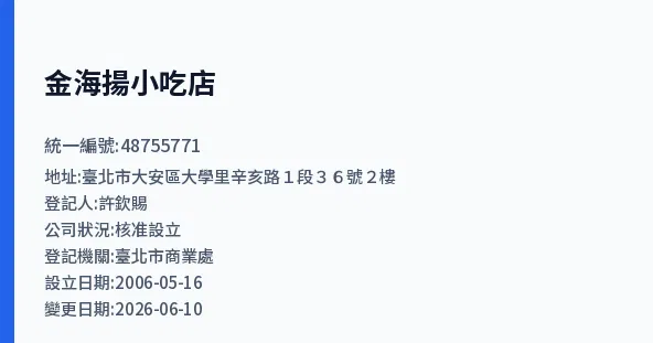 金海揚小吃店的照片-統編 48755771(臺北市) 公司登記資料與營業項目詳細圖表