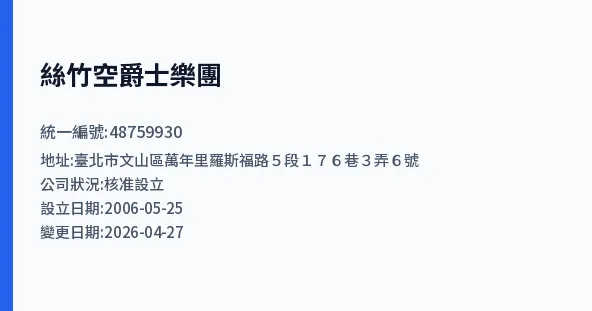 絲竹空爵士樂團的照片-統編 48759930(臺北市) 公司登記資料與營業項目詳細圖表