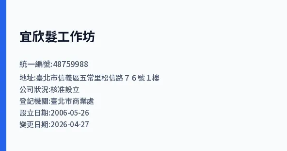 宜欣髮工作坊的照片-統編 48759988(臺北市) 公司登記資料與營業項目詳細圖表