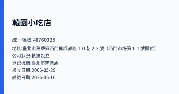韓園小吃店的照片-統編 48760325(臺北市) 公司登記資料與營業項目詳細圖表