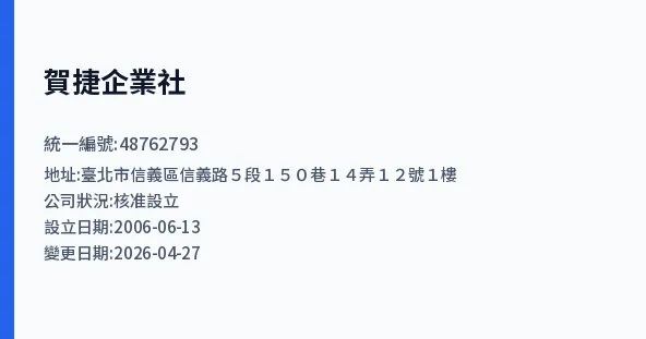 賀捷企業社的照片-統編 48762793(臺北市) 公司登記資料與營業項目詳細圖表