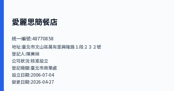 愛麗思簡餐店的照片-統編 48770858(臺北市) 公司登記資料與營業項目詳細圖表