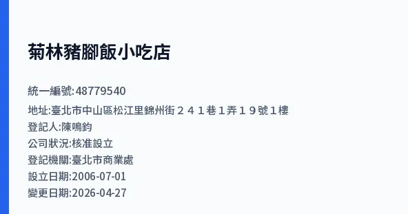 菊林豬腳飯小吃店的照片-統編 48779540(臺北市) 公司登記資料與營業項目詳細圖表