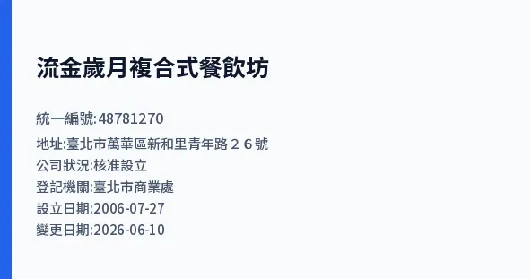 流金歲月複合式餐飲坊的照片-統編 48781270(臺北市) 公司登記資料與營業項目詳細圖表