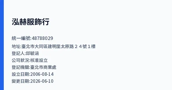 泓赫服飾行的照片-統編 48788029(臺北市) 公司登記資料與營業項目詳細圖表