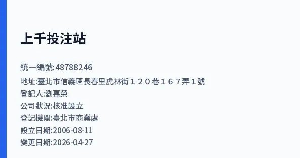 上千投注站的照片-統編 48788246(臺北市) 公司登記資料與營業項目詳細圖表
