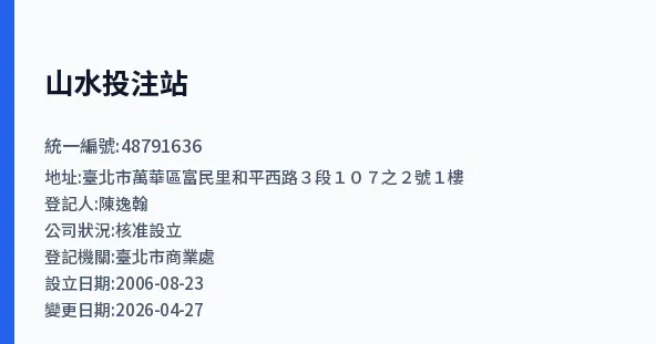 山水投注站的照片-統編 48791636(臺北市) 公司登記資料與營業項目詳細圖表