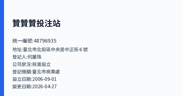 贊贊贊投注站的照片-統編 48796935(臺北市) 公司登記資料與營業項目詳細圖表