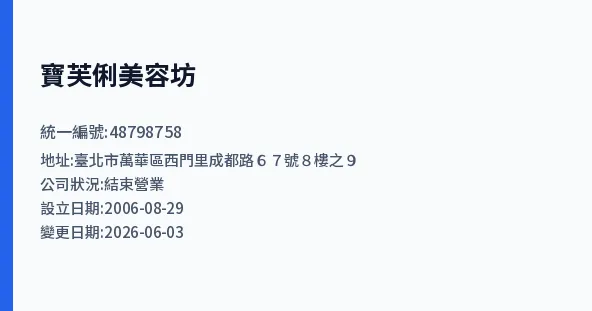 寶芙俐美容坊的照片-統編 48798758(臺北市) 公司登記資料與營業項目詳細圖表