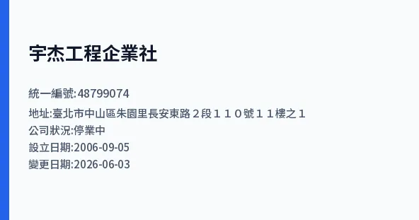 宇杰工程企業社的照片-統編 48799074(臺北市) 公司登記資料與營業項目詳細圖表