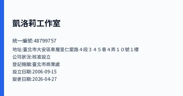 凱洛莉工作室的照片-統編 48799757(臺北市) 公司登記資料與營業項目詳細圖表