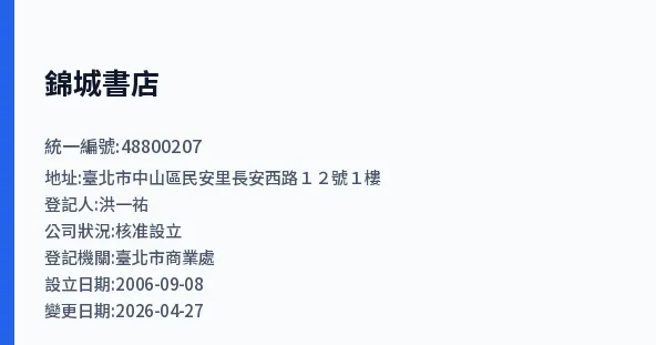 錦城書店的照片-統編 48800207(臺北市) 公司登記資料與營業項目詳細圖表