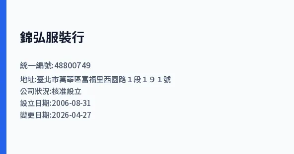錦弘服裝行的照片-統編 48800749(臺北市) 公司登記資料與營業項目詳細圖表
