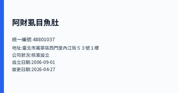 阿財虱目魚肚的照片-統編 48801037(臺北市) 公司登記資料與營業項目詳細圖表