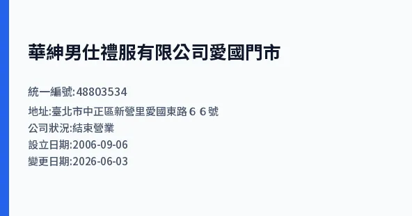 華紳男仕禮服有限公司愛國門市的照片-統編 48803534(臺北市) 公司登記資料與營業項目詳細圖表